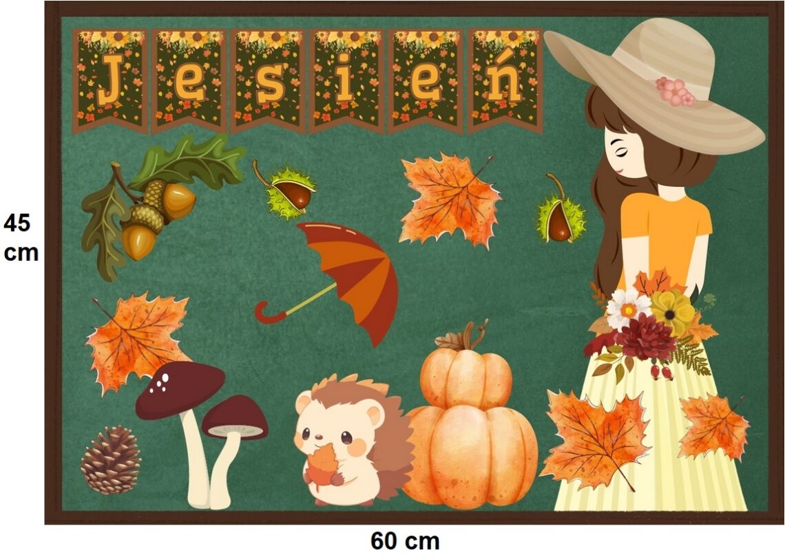 Gazetka szkolna - JESIEŃ - 20 kart + dekoracja "Pani Jesień" - 2025