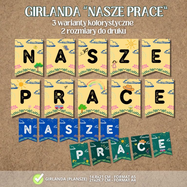 Duzy napis: "NASZE PRACE" (girlandy w różnych kolorach) - 2026